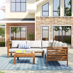 Quarte 4 Piece Outdoor Patio Conversation Furniture Set, Wood Sectional Sofa Set with Water Resistant Cushions/Coffee Table, Garden Backyard Poolside L Shape Corner Sofa Set…