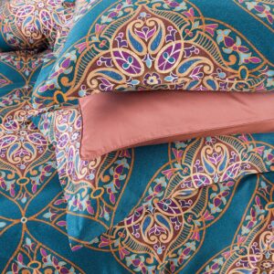 Get Bed Ready Venetian Damask Bohemian Paisley Duvet Cover Set Boho Chic Watercolor Medallion 400TC Egyptian Cotton Sateen Luxury Style Bed Linen (Teal, King)