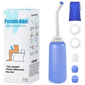 rufcril peri bottle, portable travel bidet with bag, tpe material can be boiled, 17oz/500ml with 2 sealing rings,essentials for postpartum perineal care,hemorrhoid treatment,and baby(blue)