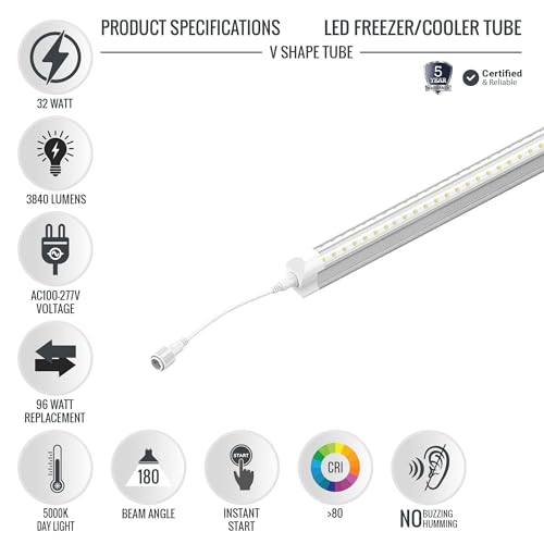 LEDMyplace 32W 5ft LED Freezer/Cooler Tubes T8 V-Shape, 4200 Lumens, 5000k Daylight White, 180° Beam Angle, 100-277V, Tube Lights for Supermarkets Freezer, Grocery Stores, Commercial Freezer Lights