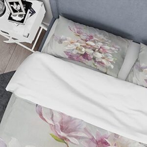 DesignQ Pink Magnolia Flowers Shabby Chic Duvet Cover Set, Grey Duvet Cover Set Queen, Floral Bedding Set of 3 Pieces, All Season Shabby Chic Bedding Sets Queen