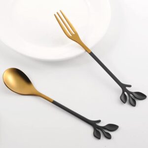 AnSaw 10-Pc Black & Gold Mini Spoons & Forks Set, 4.7" Leaf Handle - Stainless Steel, Ideal for Coffee,Tea, Appetizers, Tastings, Parties, Charcuterie & Cocktails