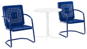 crosley furniture bates 3-piece outdoor bistro set, retro metal patio table and chairs for dining, porch, navy gloss