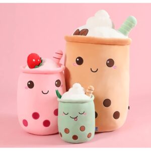 VICKYPOP Boba Plush Toy Cute Stuffed Bubble Tea Food Shaped Throw Pillow Cushion Cartoon Fruit Milk Tea Gift for Kids (Green Closed, 9.4 inches)