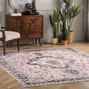 nuloom sasha machine washable medallion ultra thin area rug, 3' x 5', pink