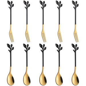 ansaw 10-pc black & gold mini spoons & forks set, 4.7" leaf handle - stainless steel, ideal for coffee,tea, appetizers, tastings, parties, charcuterie & cocktails