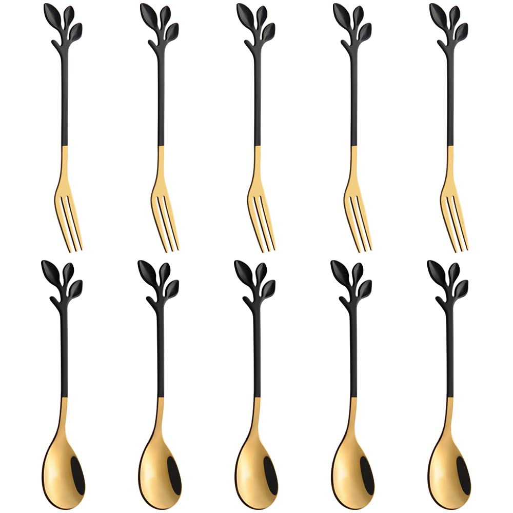 AnSaw 10-Pc Black & Gold Mini Spoons & Forks Set, 4.7" Leaf Handle - Stainless Steel, Ideal for Coffee,Tea, Appetizers, Tastings, Parties, Charcuterie & Cocktails