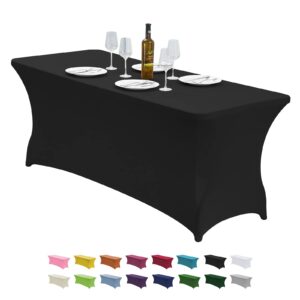 cwk 8ft stretch spandex table cover for rectangular fitted folding tables, wrinkle resistant, elastic stretchable patio tablecloth protector for party, banquet, wedding and events (black)