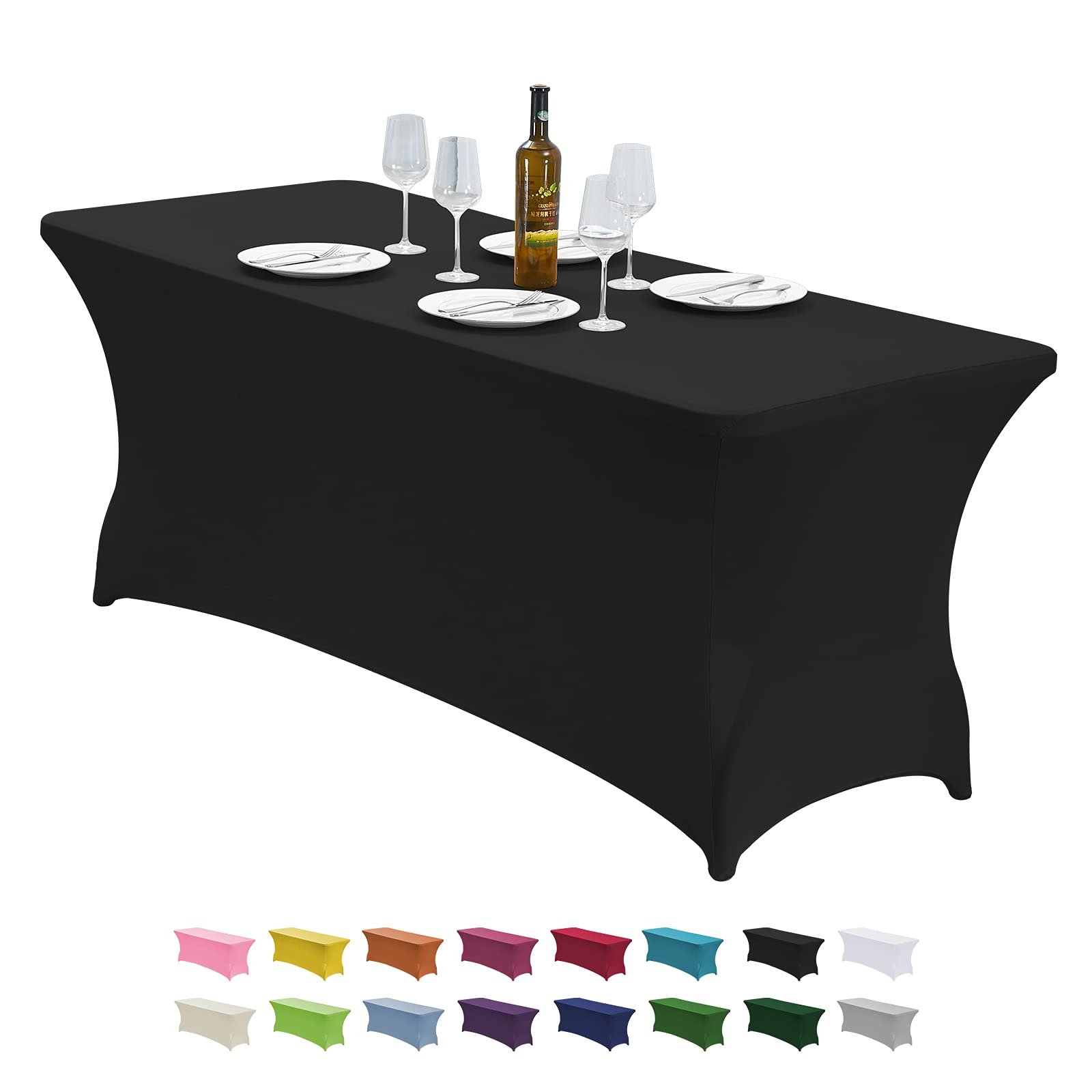 CWK 8FT Stretch Spandex Table Cover for Rectangular Fitted Folding Tables, Wrinkle Resistant, Elastic Stretchable Patio Tablecloth Protector for Party, Banquet, Wedding and Events (Black)