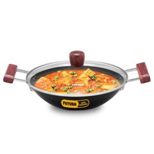 futura hawkins 2 litre deep fry pan with glass lid, hard anodised kadai, flat bottom kadhai, black (ad20g