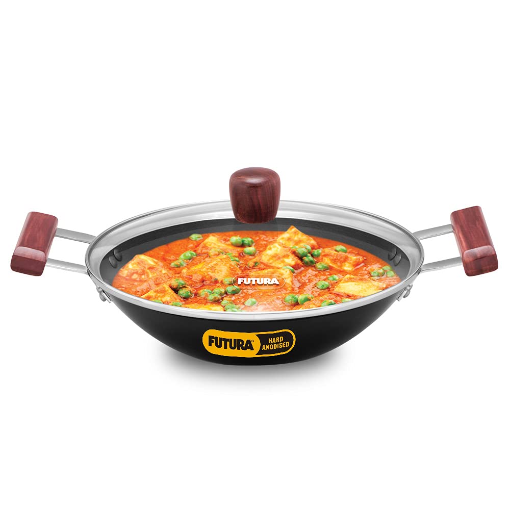 FUTURA Hawkins 2 Litre Deep Fry Pan with Glass Lid, Hard Anodised Kadai, Flat Bottom Kadhai, Black (AD20G