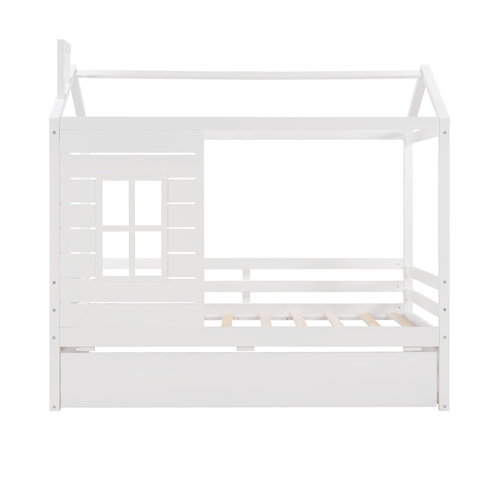 Harper & Bright Designs House Bed for Kids, Twin Daybed with Trundle and Roof, Twin Size Platform Bed Frame with Fence and Window for Kids, Teens, Girls & Boys, Easy Assembly (White)