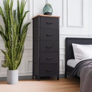 Somdot Tall Dresser for Bedroom with 5 Drawers, Storage Chest of Drawers with Removable Fabric Bins for Closet Bedside Nursery Laundry Living Room Entryway Hallway, Black