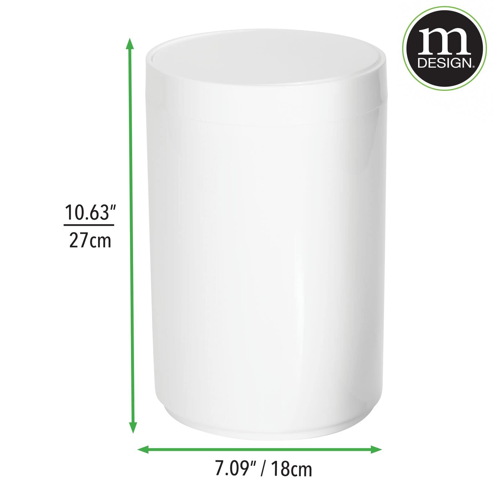 mDesign Small Round Plastic Trash Can Wastebasket, Garbage Container Bin with Swing Top Lid - for Bathrooms, Kitchens, Home Offices - 1.3 Gallon/5 Liter - White