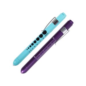 aokin pen light with pupil gauge, reusable led penlight medical for doctor nurse diagnostic etc, white light, sky blue and purple