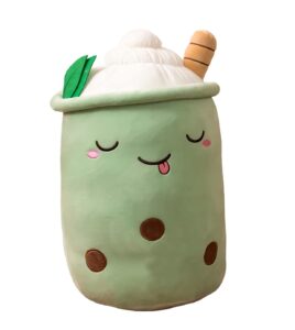 vickypop boba plush toy cute stuffed bubble tea food shaped throw pillow cushion cartoon fruit milk tea gift for kids (green closed, 9.4 inches)