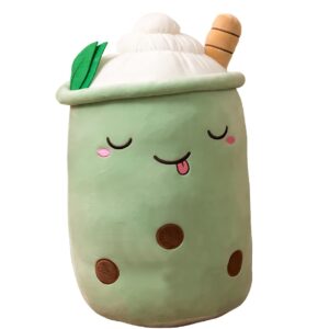 VICKYPOP Boba Plush Toy Cute Stuffed Bubble Tea Food Shaped Throw Pillow Cushion Cartoon Fruit Milk Tea Gift for Kids (Green Closed, 9.4 inches)