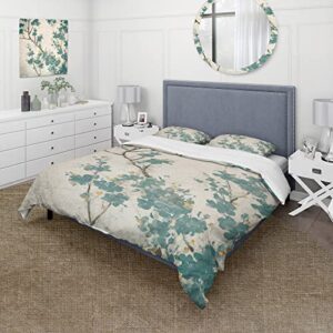 designq teal cherry blossoms ii traditional duvet cover set, blue duvet cover set queen, floral bedding set of 3 pieces, all season traditional bedding sets queen