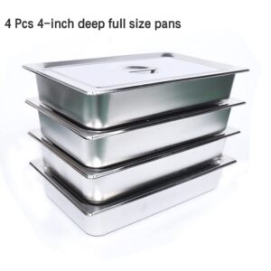 4 Pcs Stainless Steel Steam Table Pan with Lid, Full Size 4-Inch Deep Food Pan Tray Hotel Pans with Covers, Buffet Servers Pans Food Warmer Catering Steamer Pan Hot Water Pan Restaurant Commercial