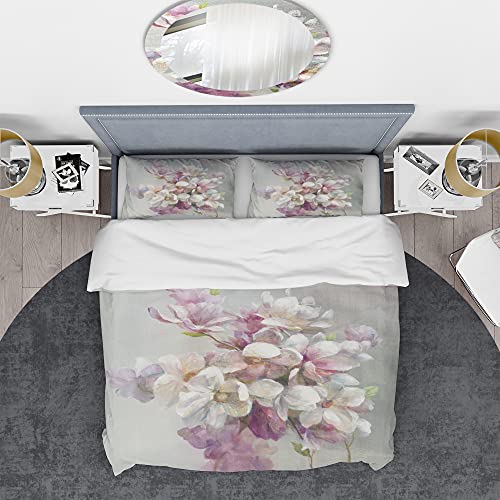 DesignQ Pink Magnolia Flowers Shabby Chic Duvet Cover Set, Grey Duvet Cover Set Queen, Floral Bedding Set of 3 Pieces, All Season Shabby Chic Bedding Sets Queen