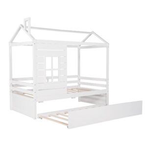 Harper & Bright Designs House Bed for Kids, Twin Daybed with Trundle and Roof, Twin Size Platform Bed Frame with Fence and Window for Kids, Teens, Girls & Boys, Easy Assembly (White)