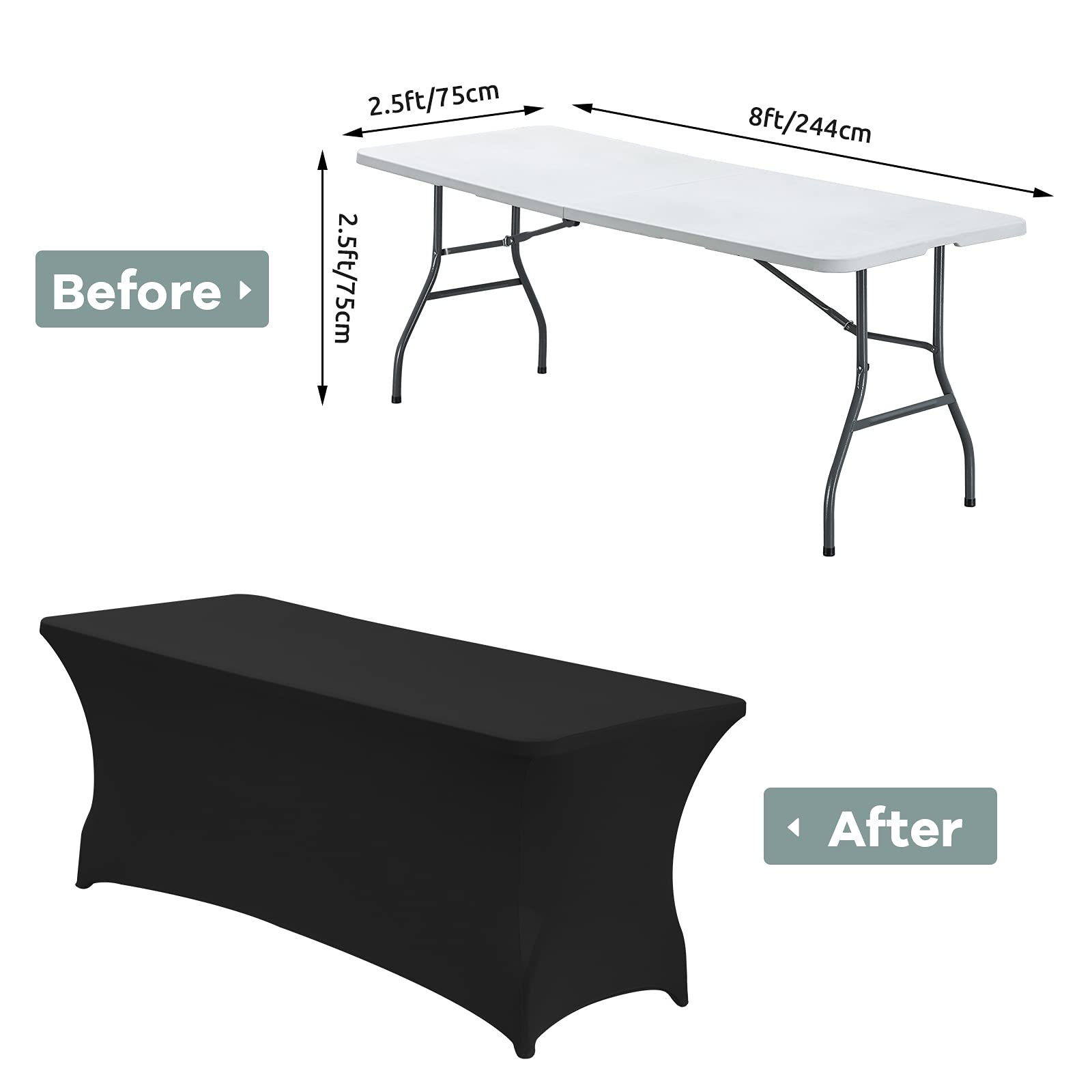 CWK 8FT Stretch Spandex Table Cover for Rectangular Fitted Folding Tables, Wrinkle Resistant, Elastic Stretchable Patio Tablecloth Protector for Party, Banquet, Wedding and Events (Black)