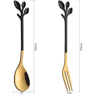 AnSaw 10-Pc Black & Gold Mini Spoons & Forks Set, 4.7" Leaf Handle - Stainless Steel, Ideal for Coffee,Tea, Appetizers, Tastings, Parties, Charcuterie & Cocktails