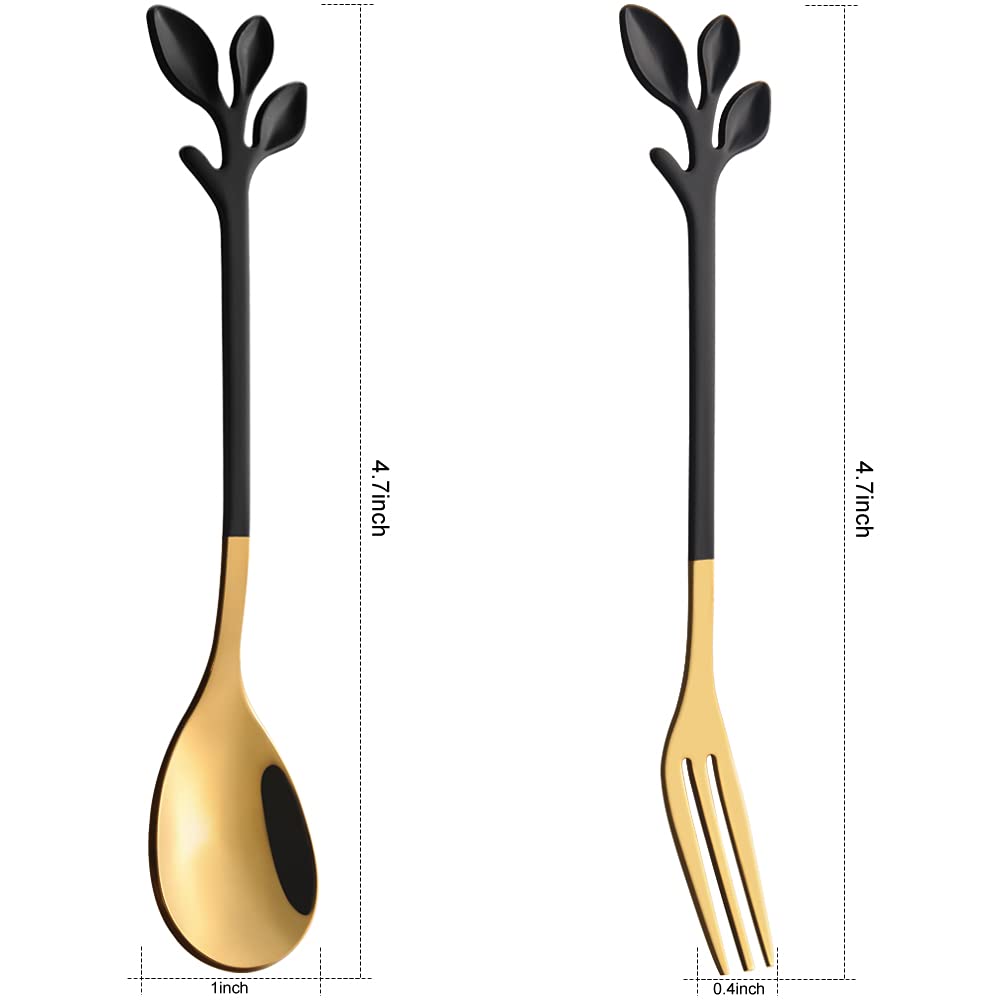 AnSaw 10-Pc Black & Gold Mini Spoons & Forks Set, 4.7" Leaf Handle - Stainless Steel, Ideal for Coffee,Tea, Appetizers, Tastings, Parties, Charcuterie & Cocktails