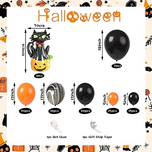 Halloween Balloon Garland Arch Kit, Black Orange Balloon Arch Garland Kit with Foil Cat Pumpkin Balloon and Marble Balloons for Halloween Birthday Anniversary Engagement Graduation Party Decorations