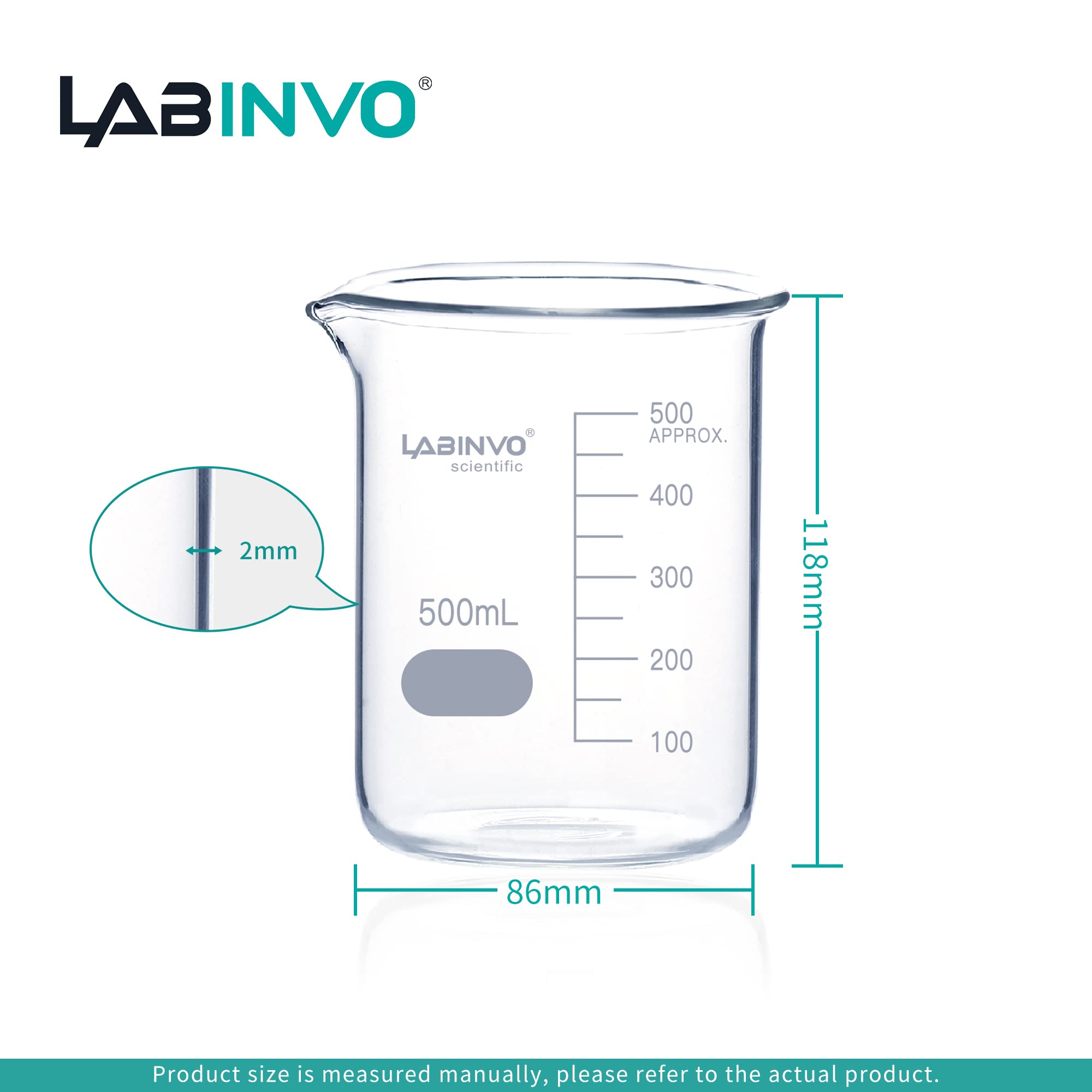 LABINVO Low Form Graduated Glass Beaker, 6pcs of Vol.500ml, 3.3 Borosilicate Glass Beaker Set, IN-BKL500