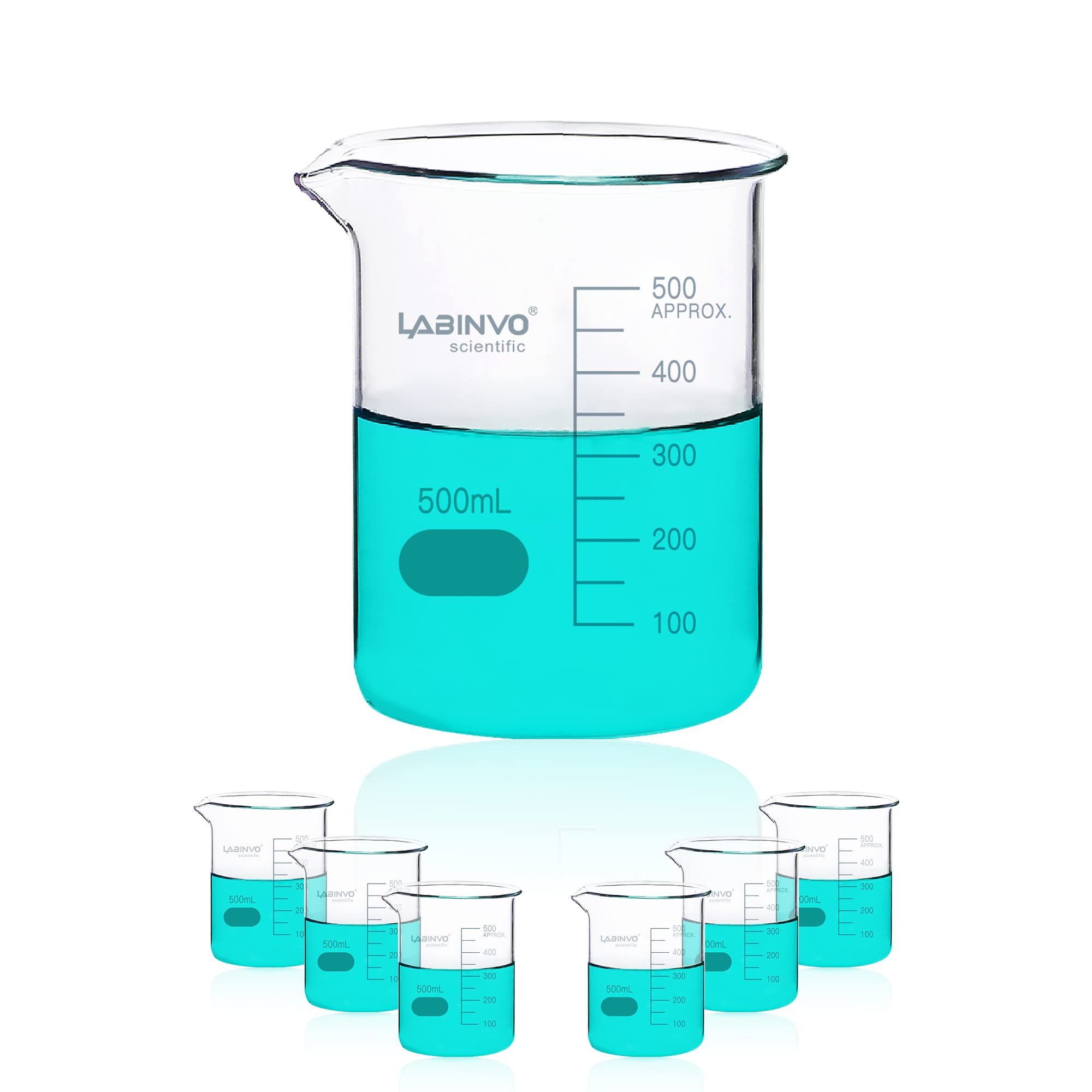 LABINVO Low Form Graduated Glass Beaker, 6pcs of Vol.500ml, 3.3 Borosilicate Glass Beaker Set, IN-BKL500