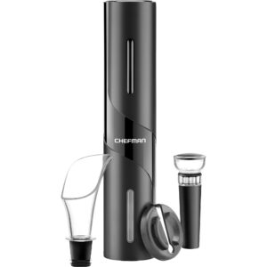 chefman electric wine opener makes opening bottles fast, foolproof, and fun! black, battery-operated 4-piece corkscrew set comes with a foil cutter, pourer, and vacuum stopper