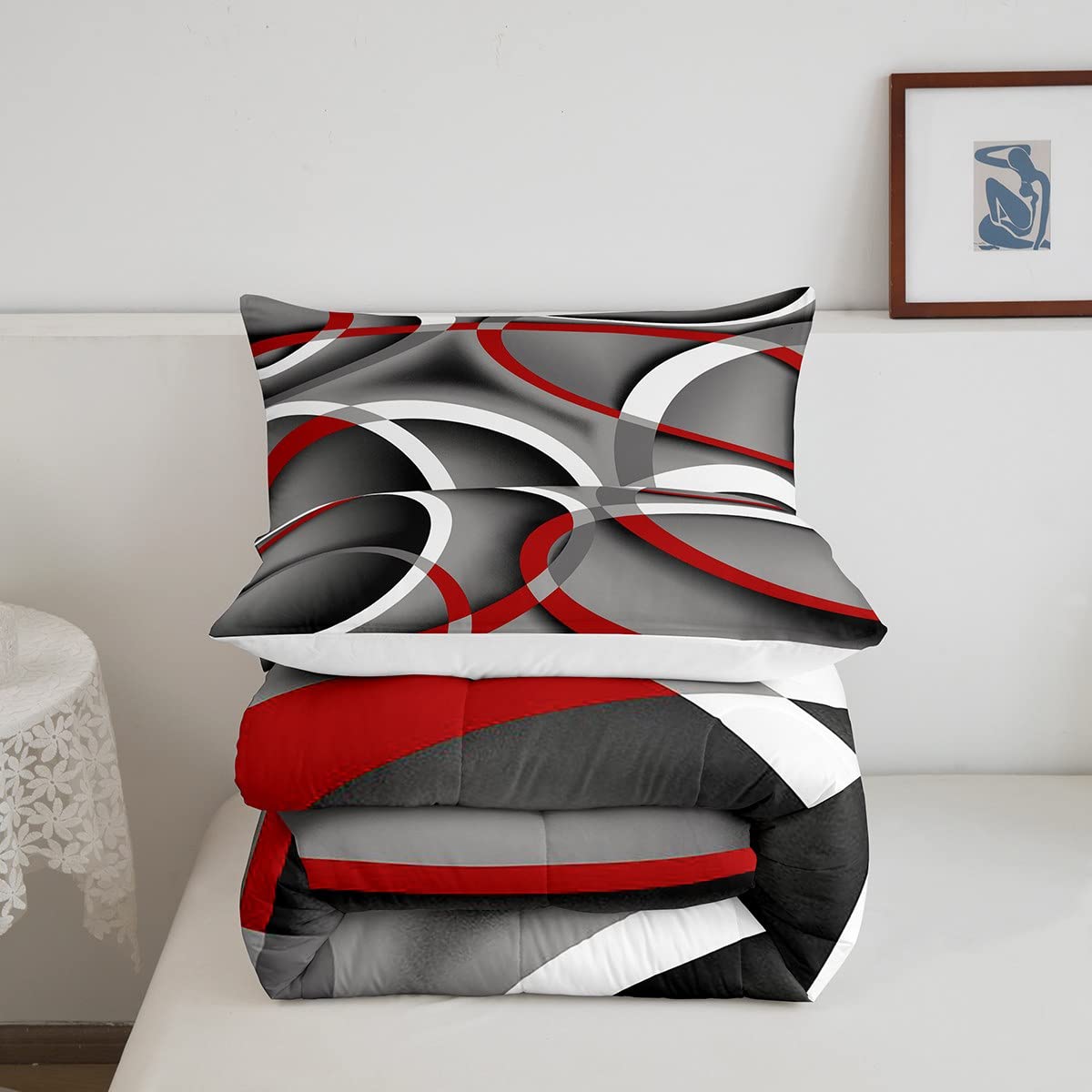 Stripes Comforter Set Queen Kids Teens Gray Black Red Swirls Room Decor Abstract Stripes Circle Bedding Set,Soft Lightweight Modern Simple Style Duvet,Youth Young Man Quilt,1 Comforter + 2 Pillowcase