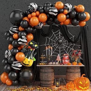 halloween balloon garland arch kit, black orange balloon arch garland kit with foil cat pumpkin balloon and marble balloons for halloween birthday anniversary engagement graduation party decorations