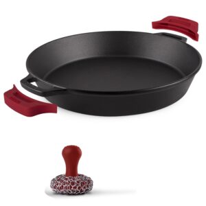 cuisinel cast iron skillet + chainmail scrubber - 15"-inch pre-seasoned dual handle braiser frying pan + silicone handle covers - oven, grill, stovetop, fire, kitchen cookware - indoor/outdoor use