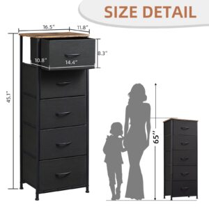 Somdot Tall Dresser for Bedroom with 5 Drawers, Storage Chest of Drawers with Removable Fabric Bins for Closet Bedside Nursery Laundry Living Room Entryway Hallway, Black