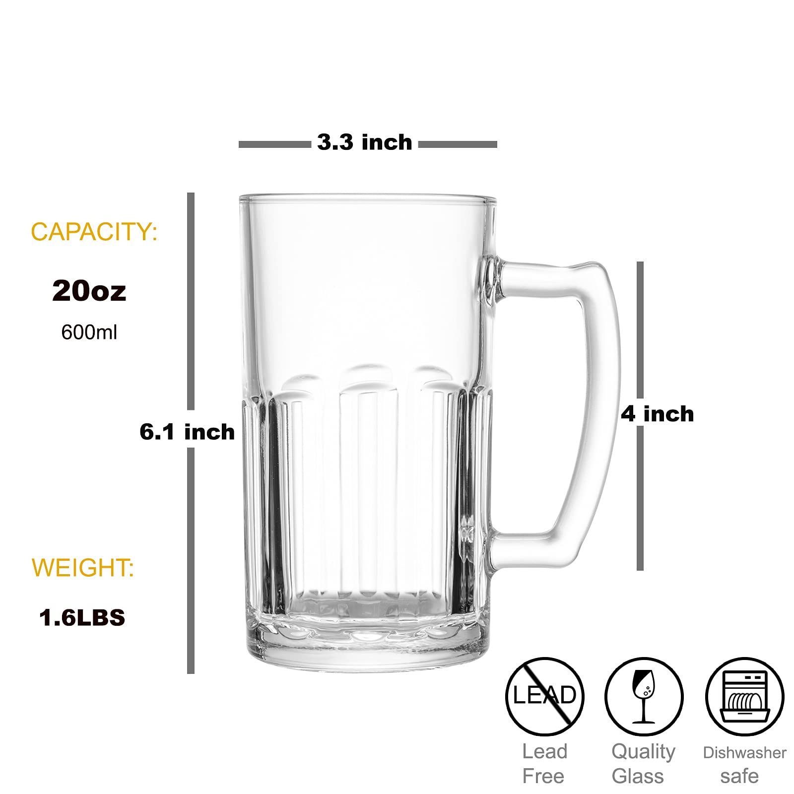 COKTIK 8 Pack Heavy Large Beer Glasses with Handle - 20 Ounce Glass Steins, Classic Beer Mug glasses Set