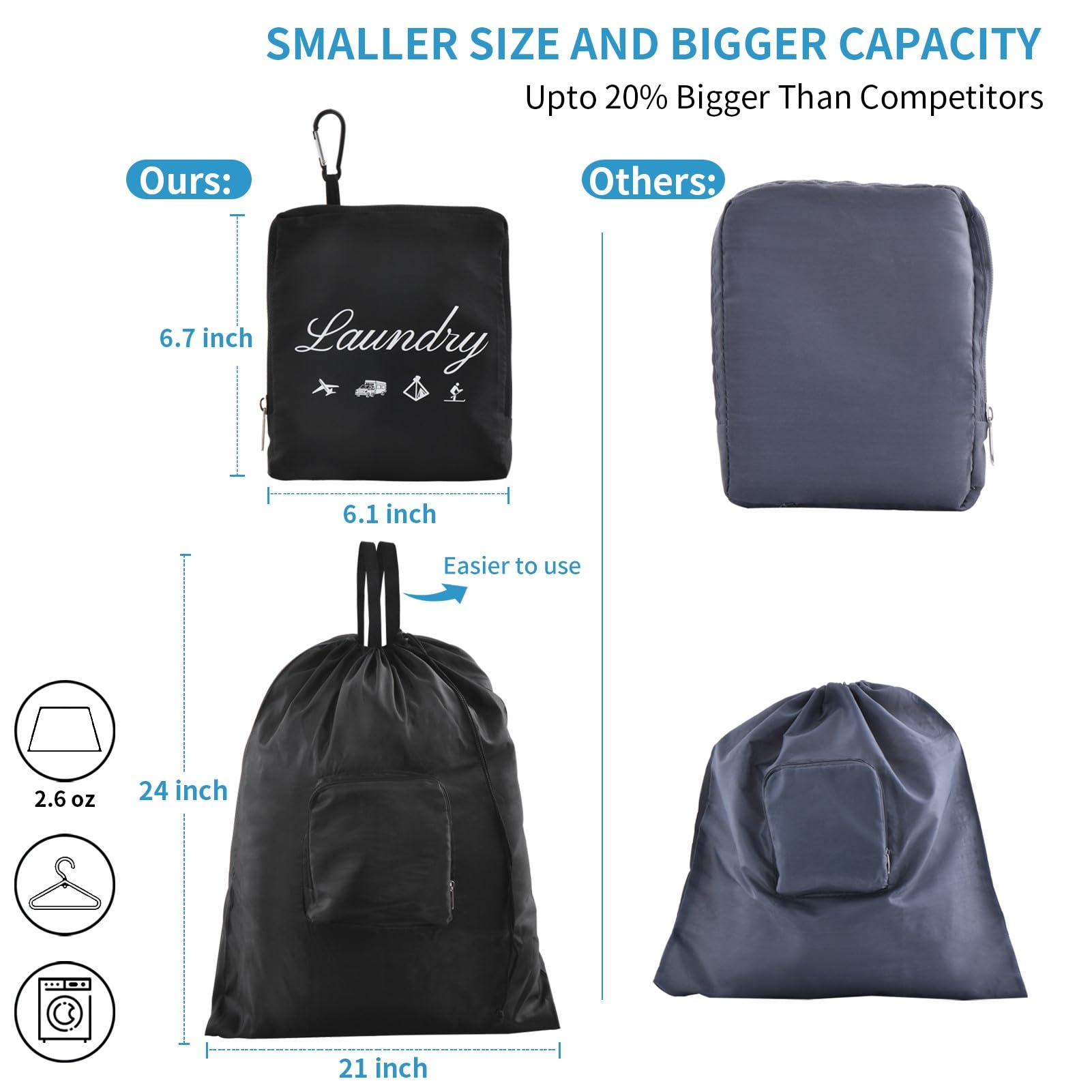 2 Pcs Travel Laundry Bag, JHX Dirty Clothes Bag 【Upgraded】 with Handles and Aluminum Carabiner, Collapsible Laundry Bag for Travel, Camp, Fitness, and Students（Black） 24"L x 21"W