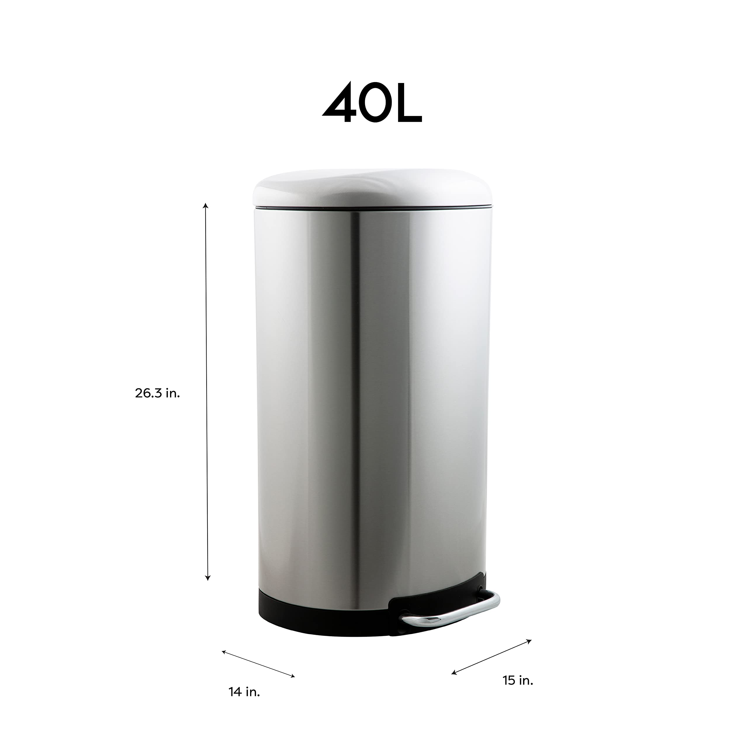 Organize It All 40 L Half Round Step Pedal Trash Bin | Dimensions: 15.75” x 14.17” x 26.4” | Holds 40 Liter | Step Pedal | Hands Free | Finger Proof | Stainless Steel