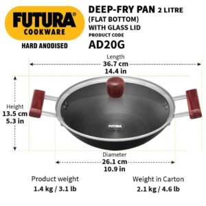 FUTURA Hawkins 2 Litre Deep Fry Pan with Glass Lid, Hard Anodised Kadai, Flat Bottom Kadhai, Black (AD20G