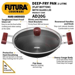 FUTURA Hawkins 2 Litre Deep Fry Pan with Glass Lid, Hard Anodised Kadai, Flat Bottom Kadhai, Black (AD20G