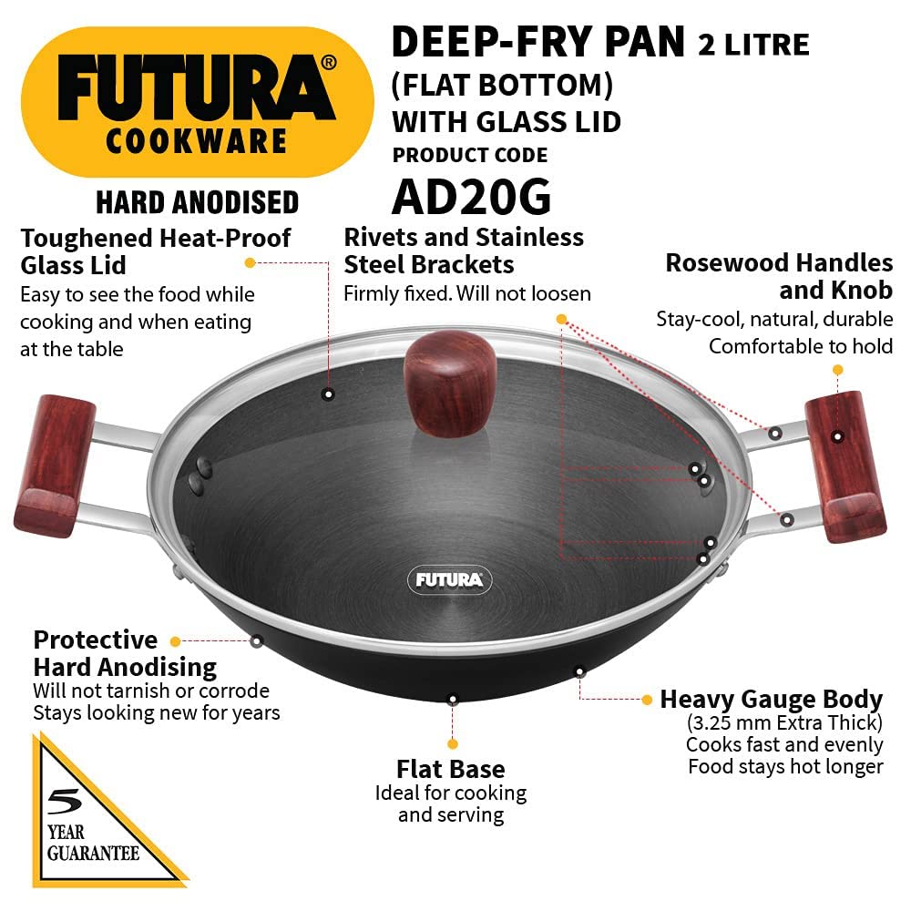 FUTURA Hawkins 2 Litre Deep Fry Pan with Glass Lid, Hard Anodised Kadai, Flat Bottom Kadhai, Black (AD20G