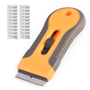 razor blade scraper, 1 pack plastic retractable glass scraper with 20 pcs extra razor blades, windshield sticker remover for windows metal vinyl car glue