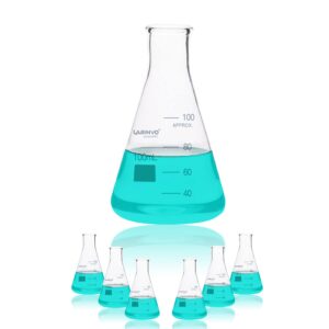 labinvo 100ml glass erlenmeyer flask, narrow mouth graduated conical flask with marking spot, 6pcs of 3.3 borosilicate glass flask set, in-efn100