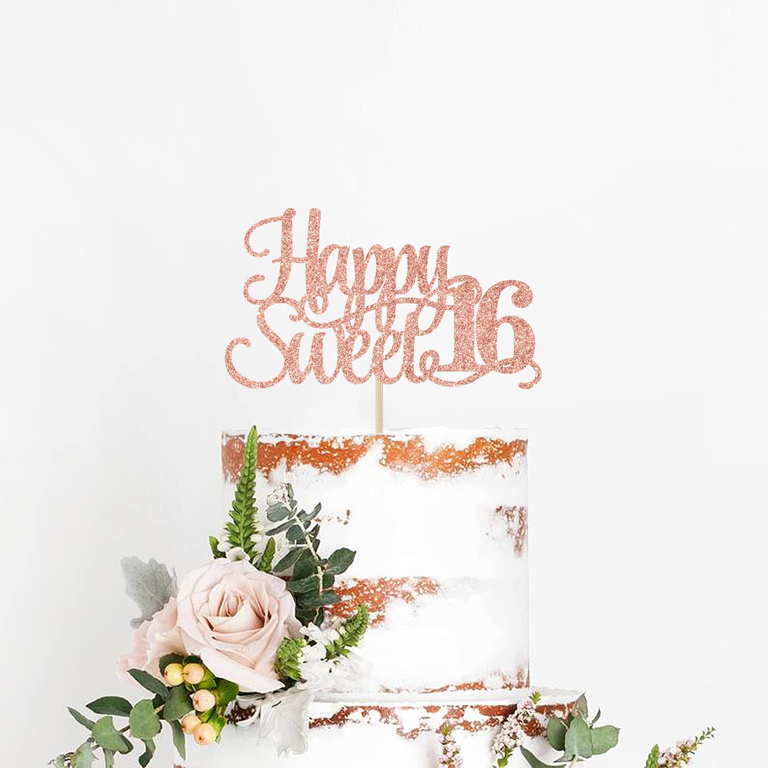 YotaWish Rose Gold Glitter Happy Sweet 16 Cake Topper - Happy 16th Birthday Cake Decor - Hello 16, Cheers to 16 Years Birthday Party Decoration Supplies