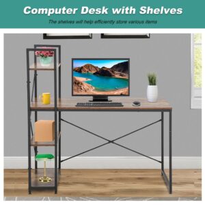 Computer Desk with 4 Tier Storage Shelf- 47 Inch Home Office Table, Modern Steel Frame Wood Study Gaming Corner Desk Easy Assemble,Brown