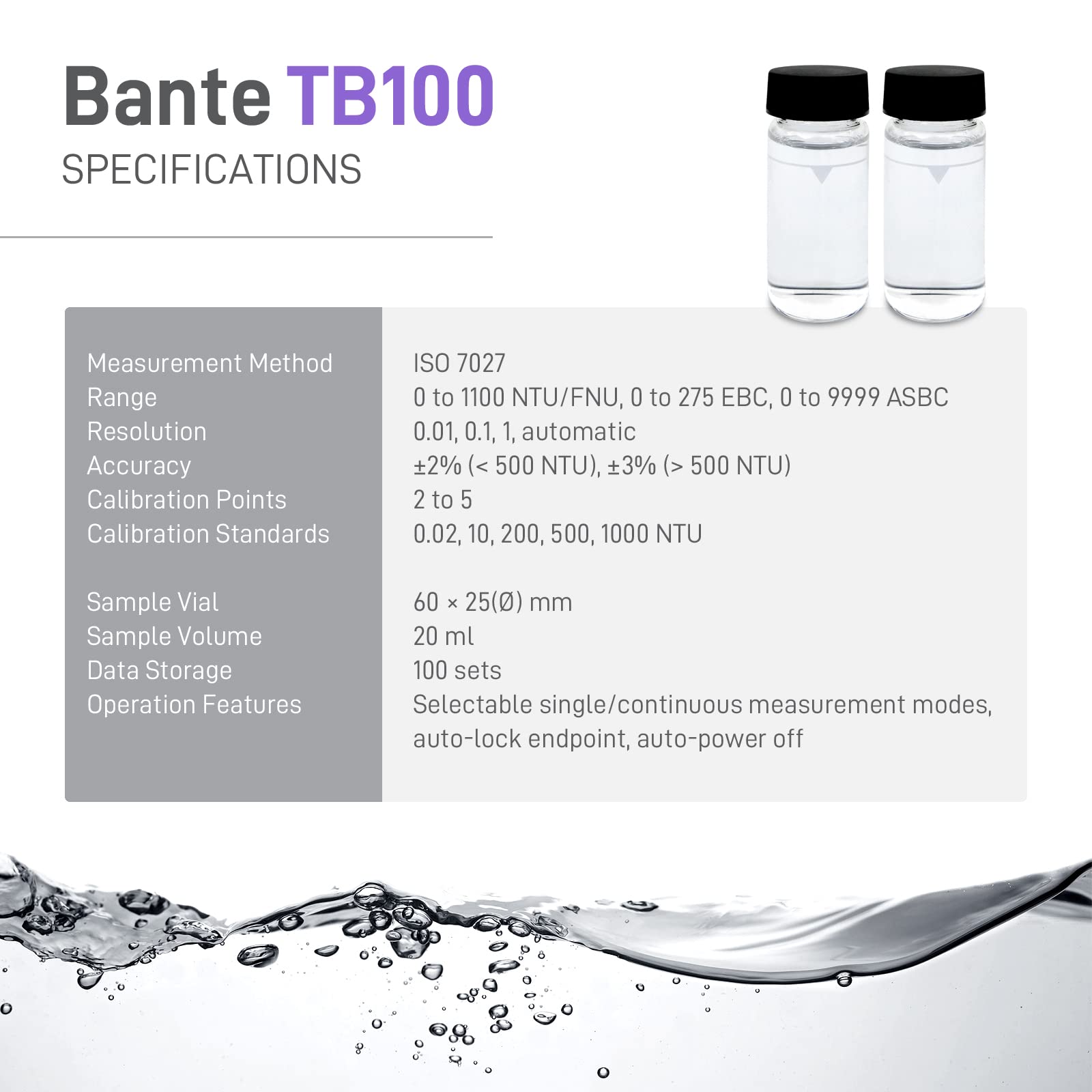 Bante TB100 Portable Turbidity Meter | Turbidimeter Kit | 2 to 5 Points Calibration, Selectable Turbidity Units - NTU/FNU/EBC/ASBC, 100 Sets of Data Storage, USB Interface