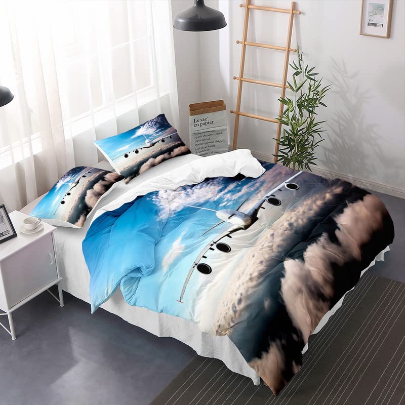 Jingzhang Aircraft Duvet Cover Flying Plane Bedding Set for Kids Boys Girls Children Airplane Print Comforter Cover Ultra Soft Decor Bedspread Cover Queen Size