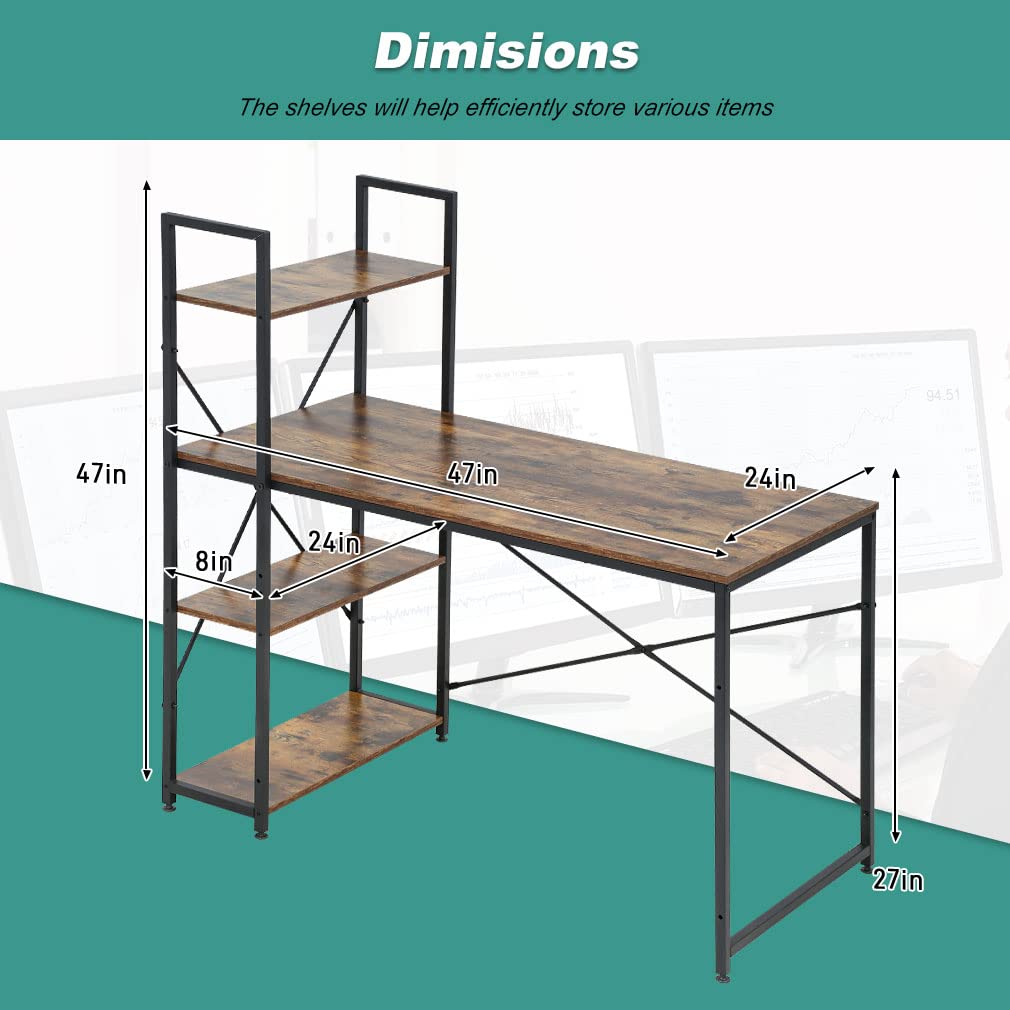 Computer Desk with 4 Tier Storage Shelf- 47 Inch Home Office Table, Modern Steel Frame Wood Study Gaming Corner Desk Easy Assemble,Brown