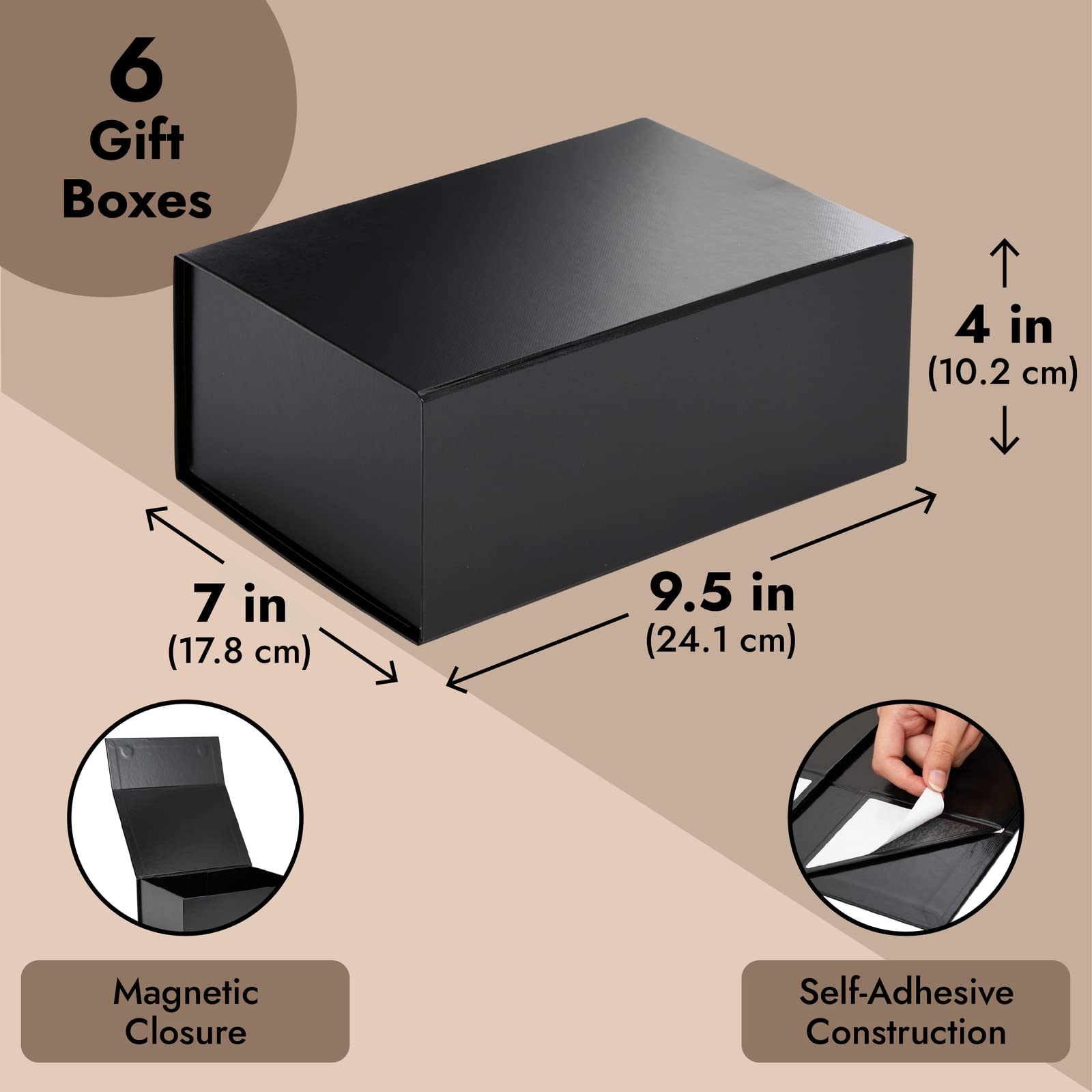 6 Pack Magnetic Gift Boxes with Lids, 9.5 x 7 x 4 Inches for Birthday, Wedding, Groomsman and Bridesmaid Proposal Box (Gloss Black)